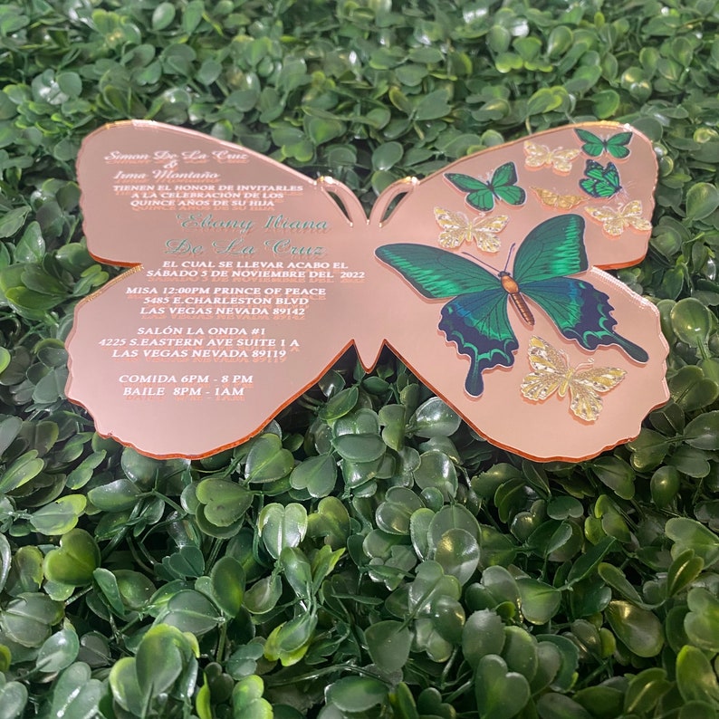 Rose Gold Acrylic Butterfly Quinceanera Invitation: Emerald Green - Etsy