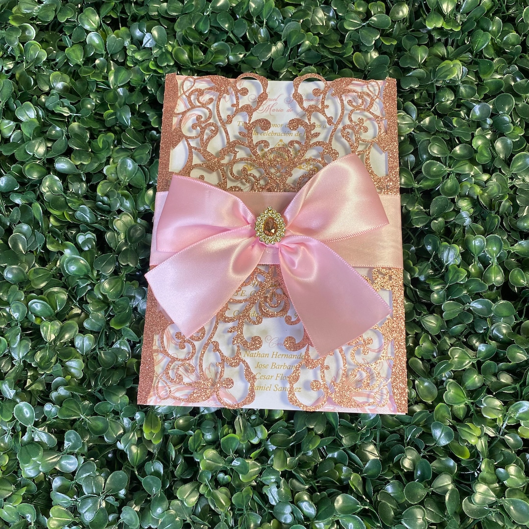 Rose Gold Glitter Quinceanera Invitation, Pink Ribbon Invitation ...