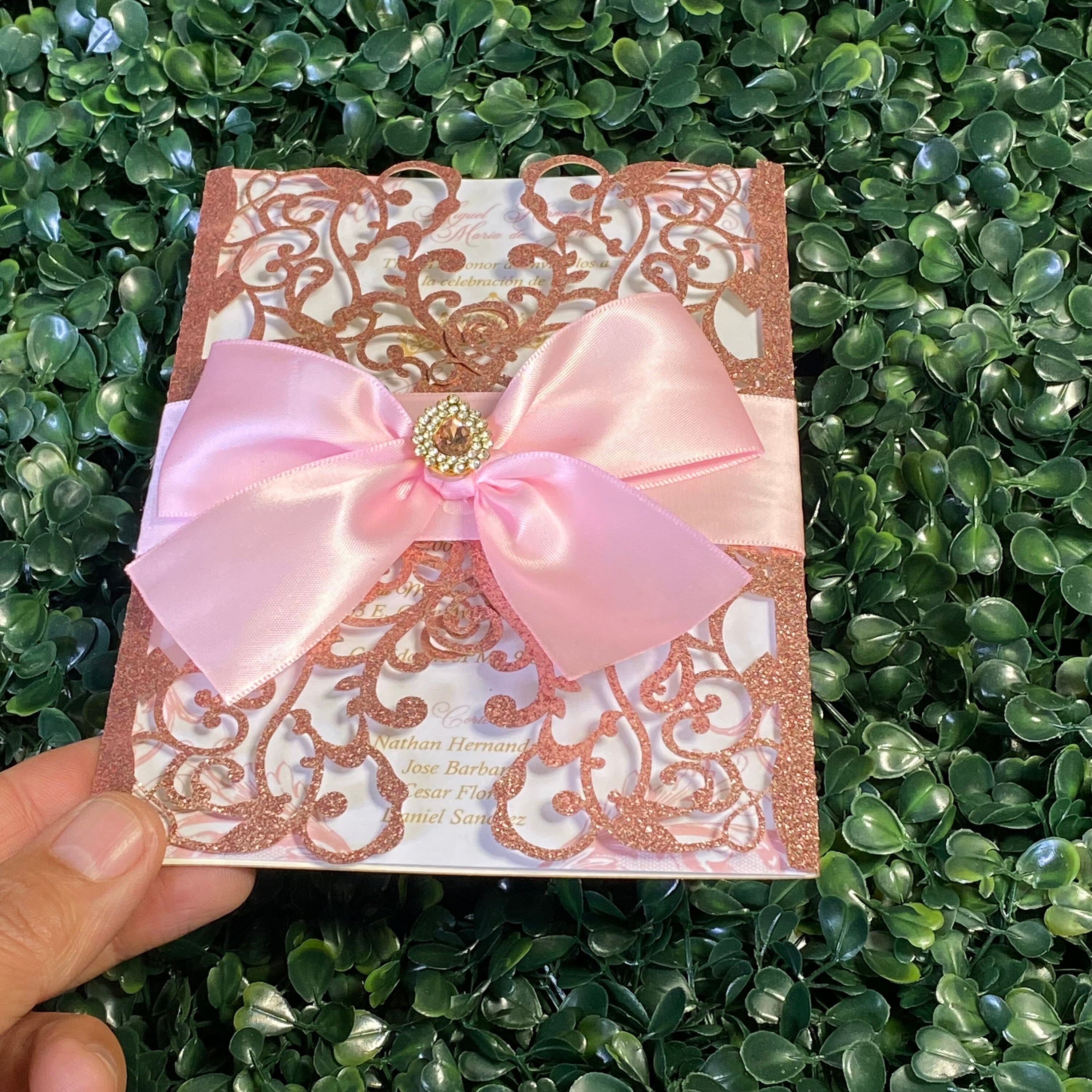 Rose Gold Glitter Quinceanera Invitation, Pink Ribbon Invitation ...