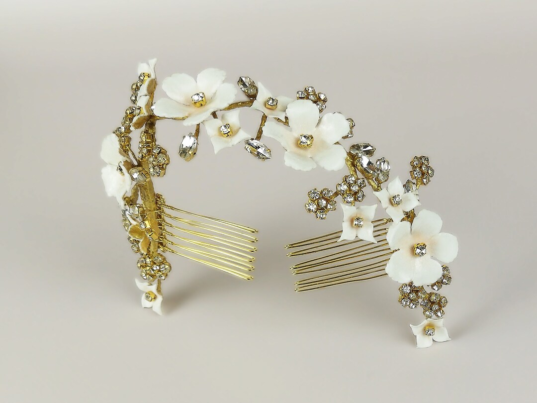 CAMILA Jewel Comb With Rhinestones, Wedding Headdress Enamelled Flowers ...