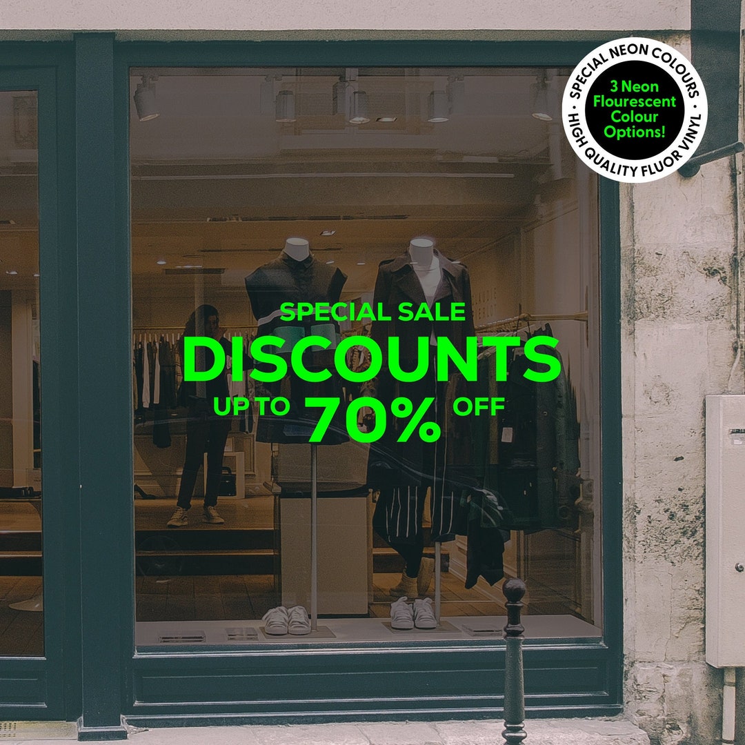 Discounts Neon Sale Sign Window Decal - Shop Window Sign - Self ...