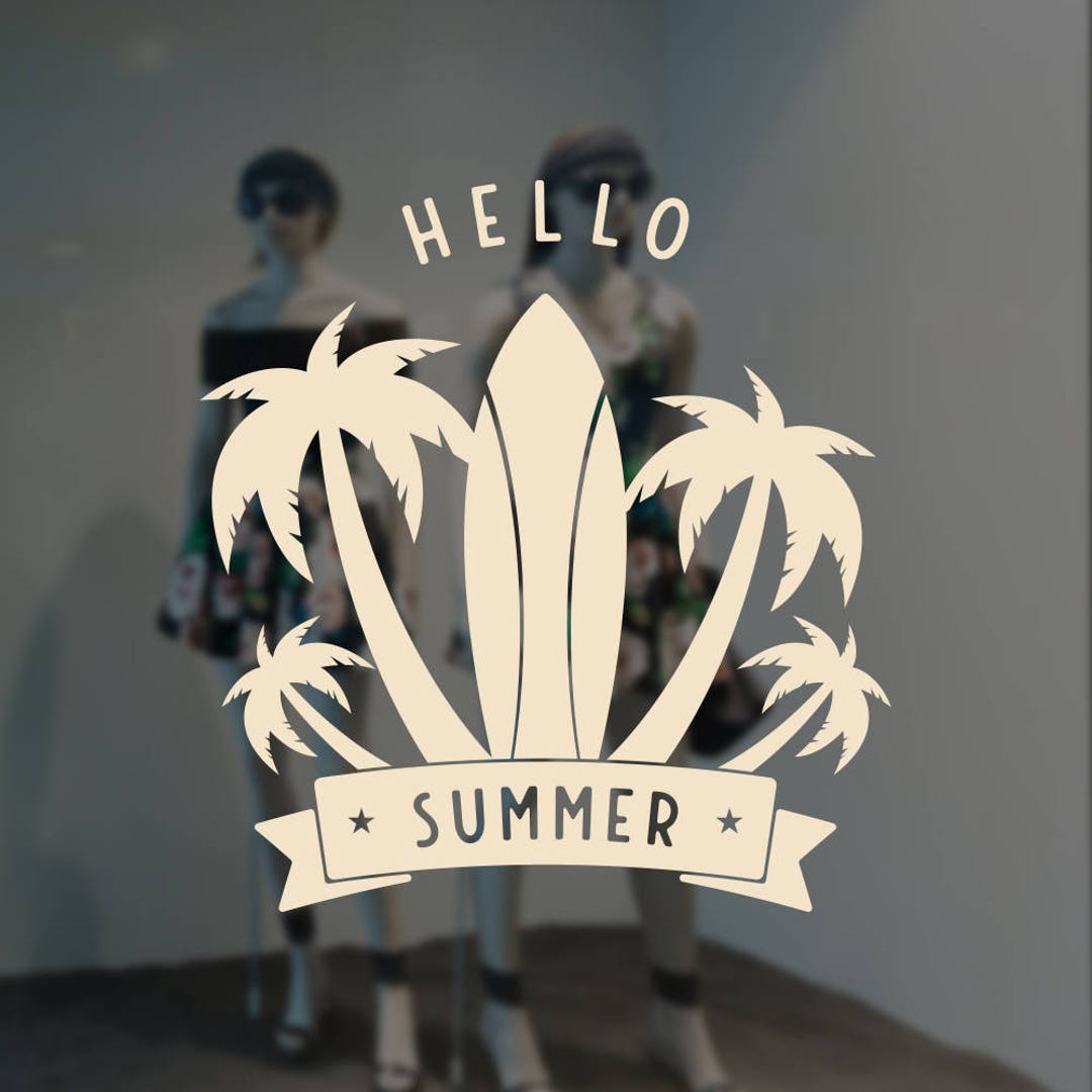 Hello Summer Tropical Surfboard Window Sign - Removable Vinyl Decal ...