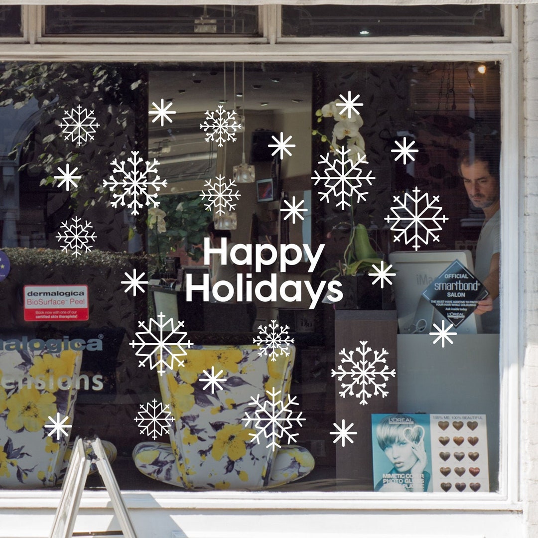 Happy Holidays Snowflakes Window Decal Set, Christmas Shop Sign, Happy ...