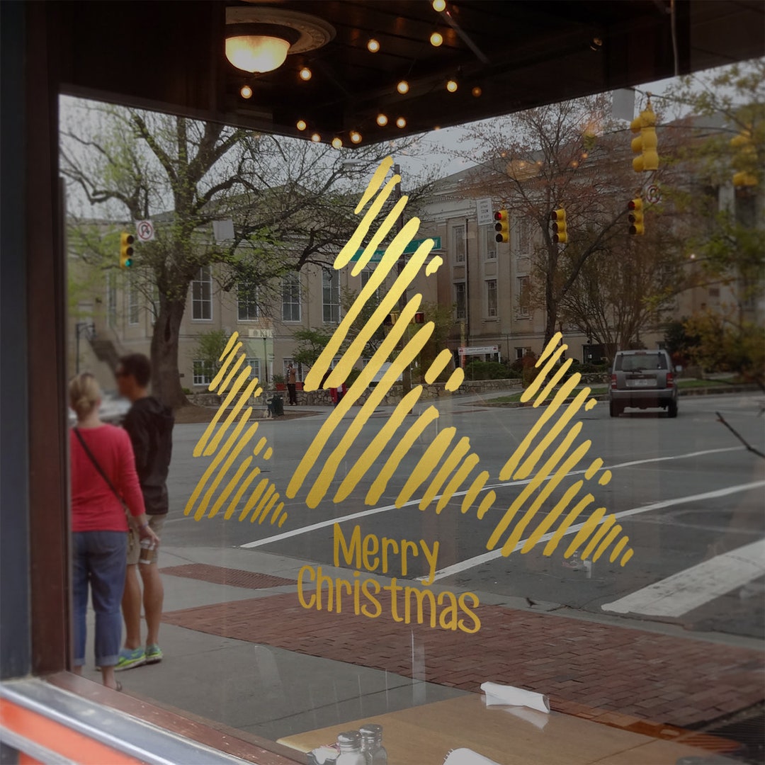 Merry Christmas Window Vinyl Sticker, Christmas Tree Window Decal, Shop ...
