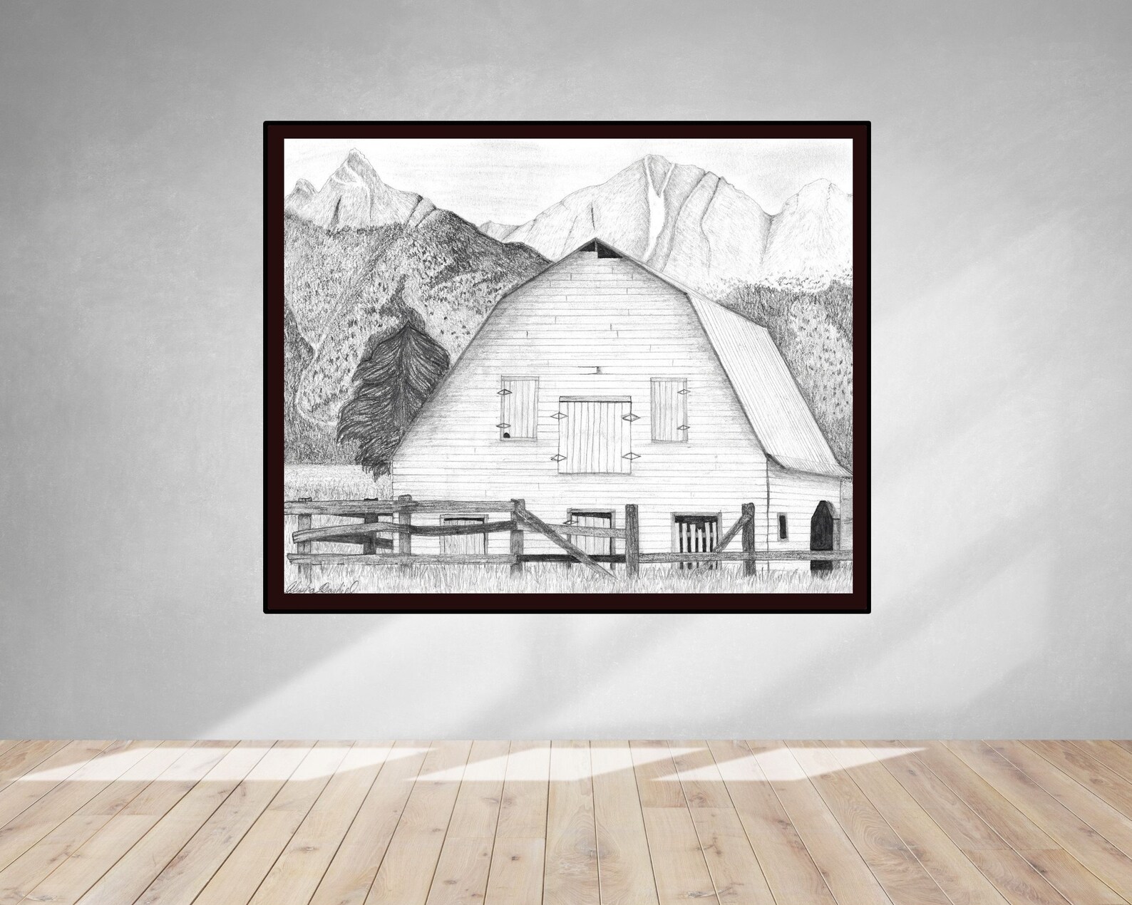 Rustic Barn Digital Download Art, Pencil Drawing of Country Scene ...