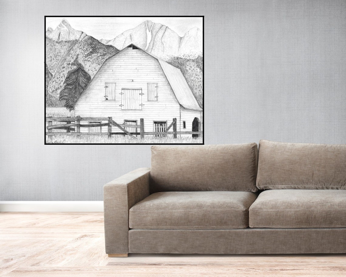 Rustic Barn Digital Download Art, Pencil Drawing of Country Scene ...