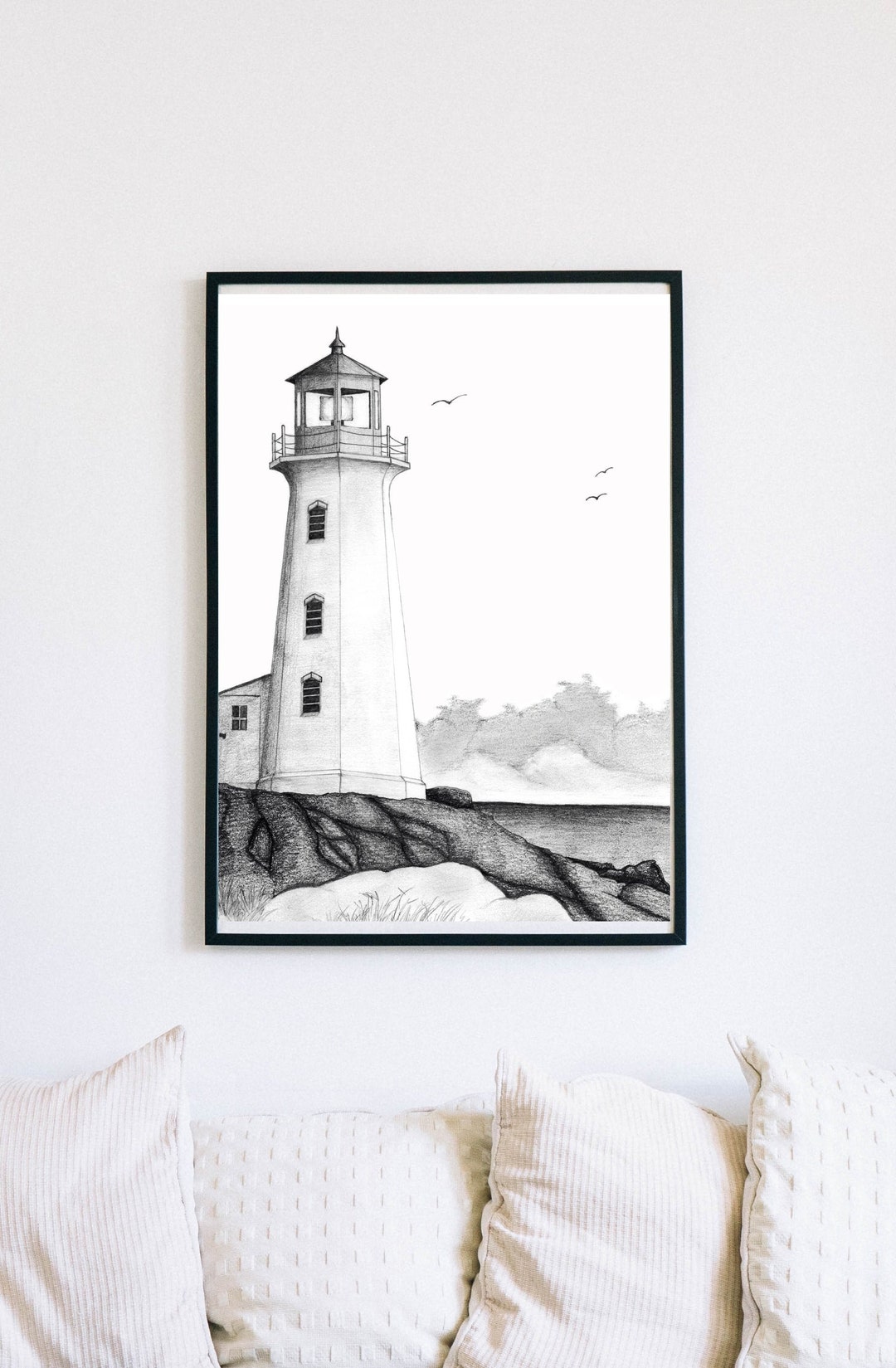 Lighthouse Art, Digital Download, Graphite Drawing, Nautical Theme ...