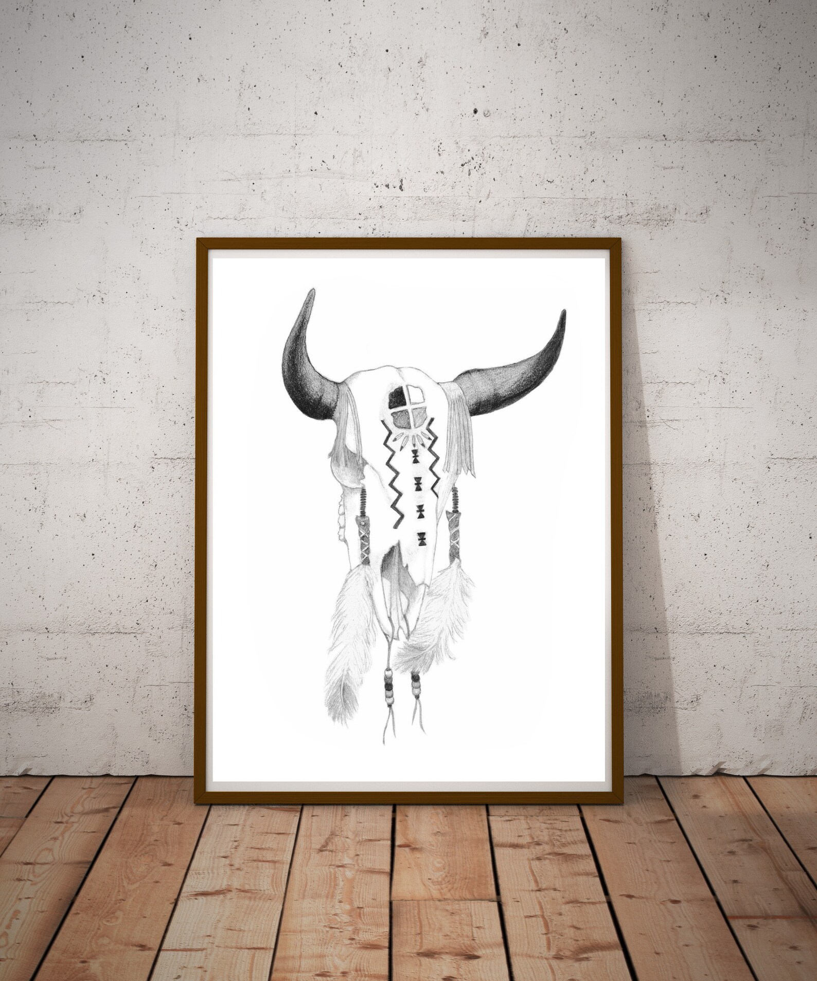 Pencil Drawing of a Painted Buffalo Skull Decorated in Native American ...