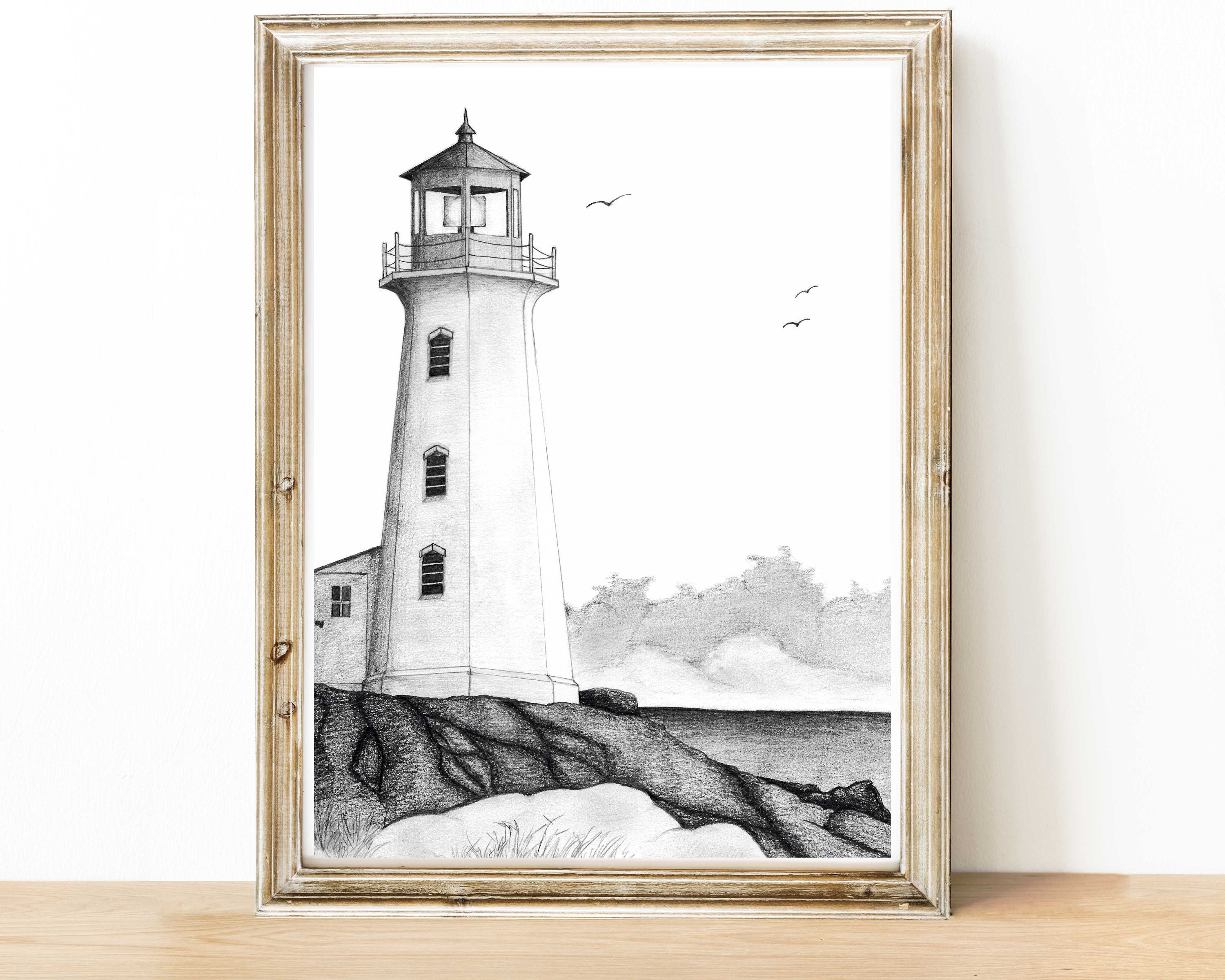 Lighthouse Art, Digital Download, Graphite Drawing, Nautical Theme ...