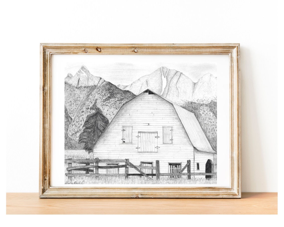 Rustic Barn Digital Download Art, Pencil Drawing of Country Scene ...