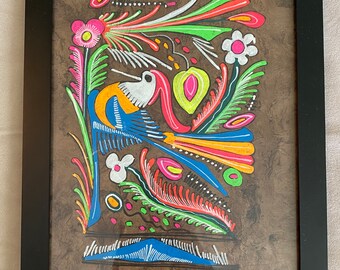 Amate Bark Painting of Bird Vintage Mexican Folk Art Vibrant Bohemian ...