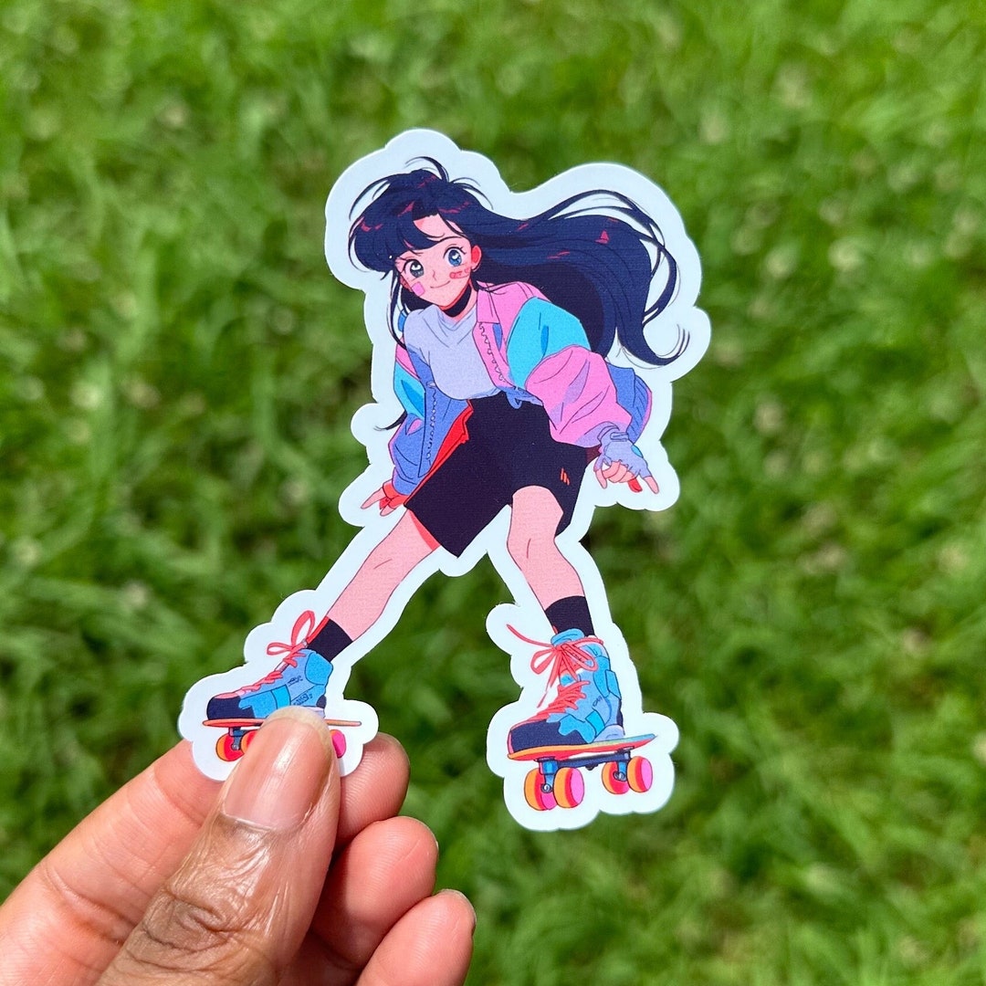 Skater Girl Retro Pastel Pink Anime Girlie Rollerblading Sticker 80's ...