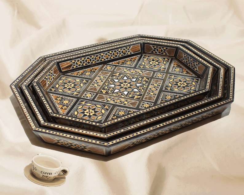 Octagonal tray vintage wood and shell inlayhandmade | Etsy