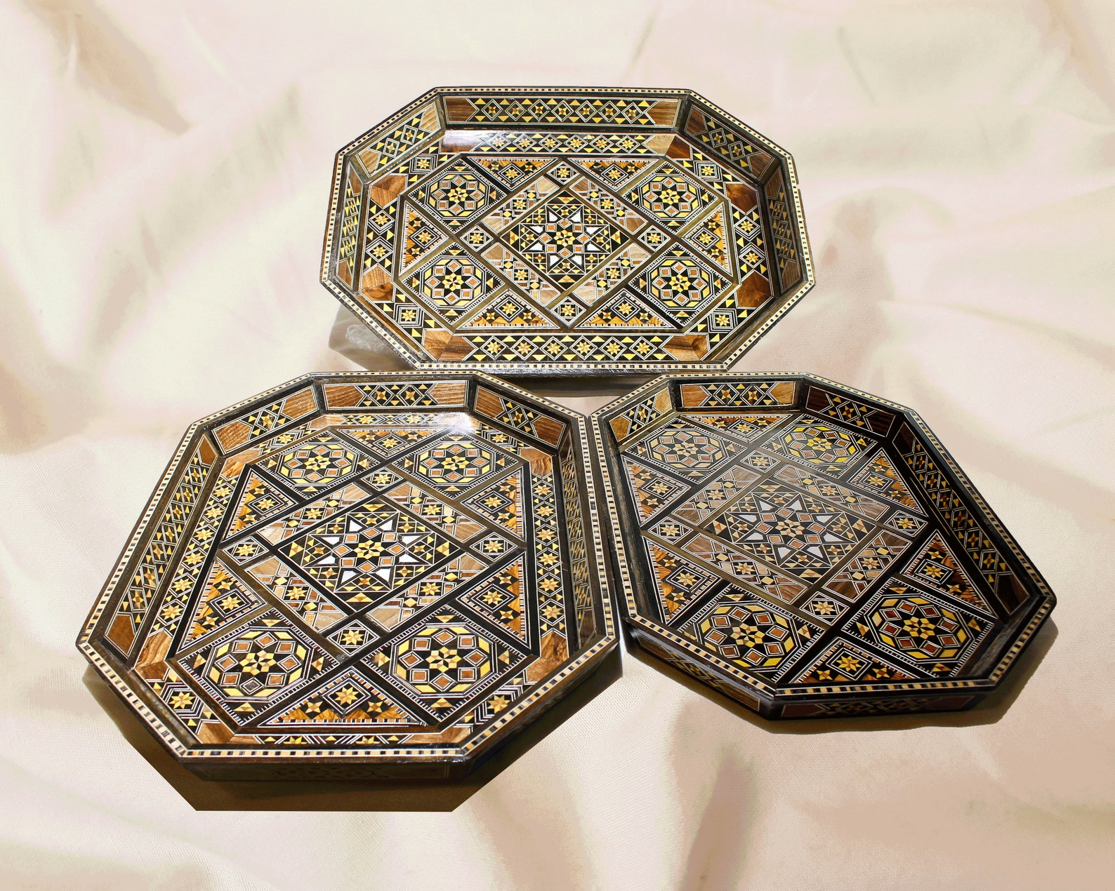 Octagonal Tray, Vintage Wood and Shell Inlay,handmade Octagonal Serving ...