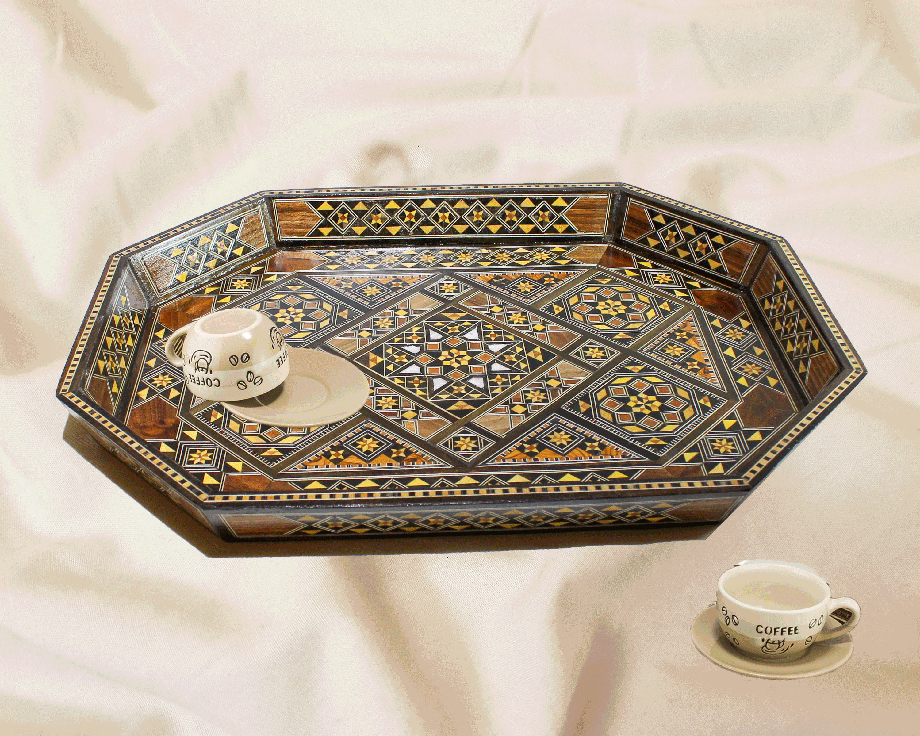 Octagonal Tray, Vintage Wood and Shell Inlay,handmade Octagonal Serving ...