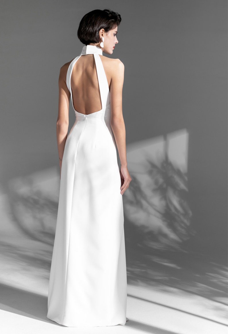 Elegant Haltered Hallowed Back Satin Wedding Dress Thigh Split | Etsy