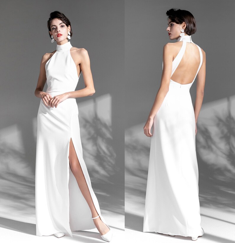 Elegant Haltered Hallowed Back Satin Wedding Dress Thigh Split | Etsy