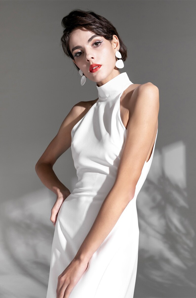 Elegant Haltered Hallowed Back Satin Wedding Dress Thigh Split | Etsy