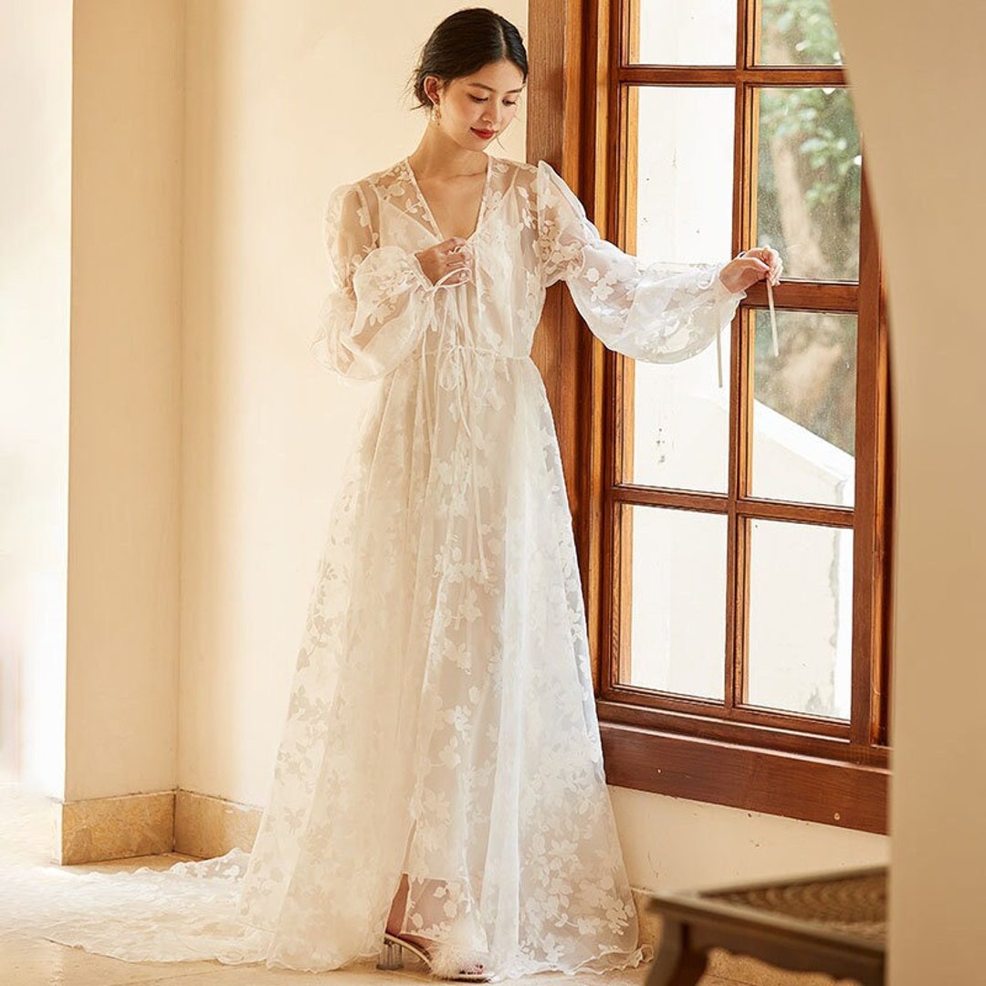 Floral Embroidery Lace Mesh Long Lingerie Robe Set With 2 Feet Train ...