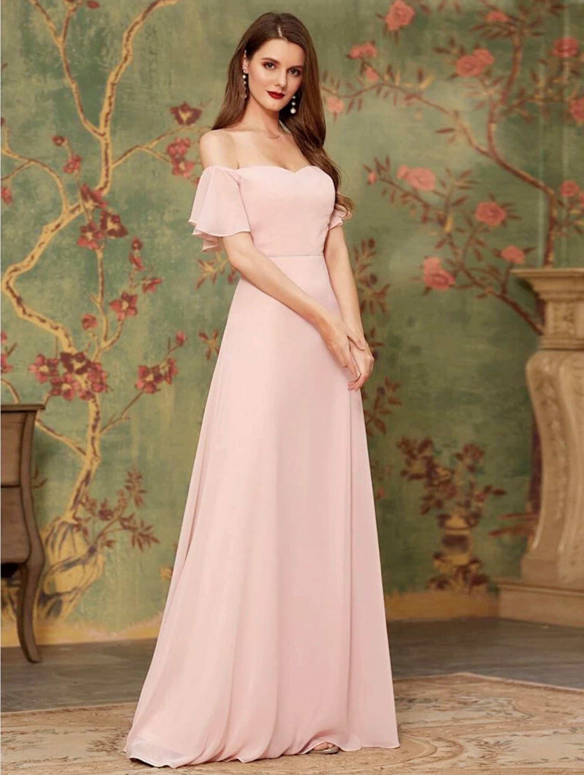 Ruffled Off-the-shoulder Sleeves Strapless Full-length Chiffon - Etsy