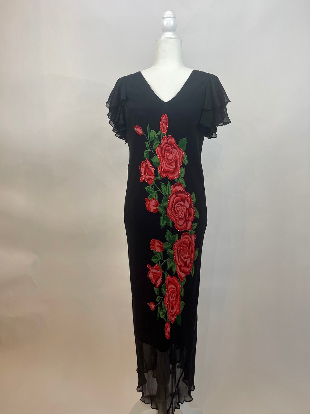 1990s Red Roses Long Chiffon Dress - Etsy