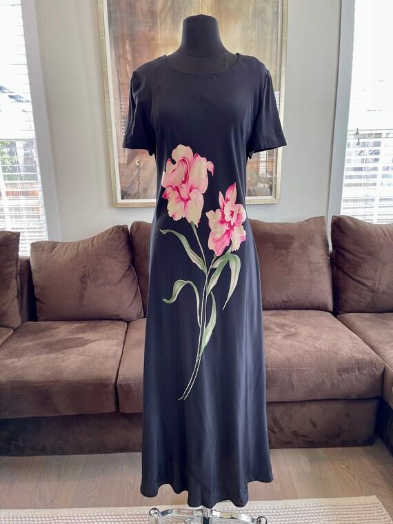 1990s Maggy London By Kenneth Nolan Long Silk Peony D… - Gem