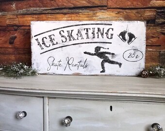 Ice Skating, Skate Sign, Winter Decor, Vintage Winter Wall Art, Wood ...