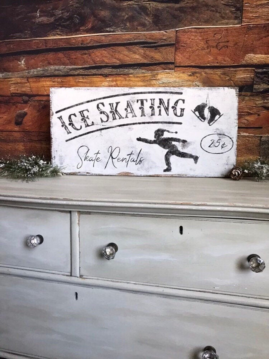 Antique Christmas Sign / Christmas Decor / Vintage Ice Skating Sign ...