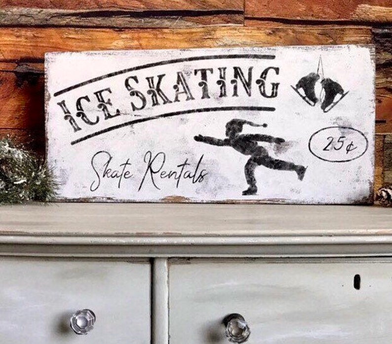 Antique Christmas Sign / Christmas Decor / Vintage Ice Skating - Etsy