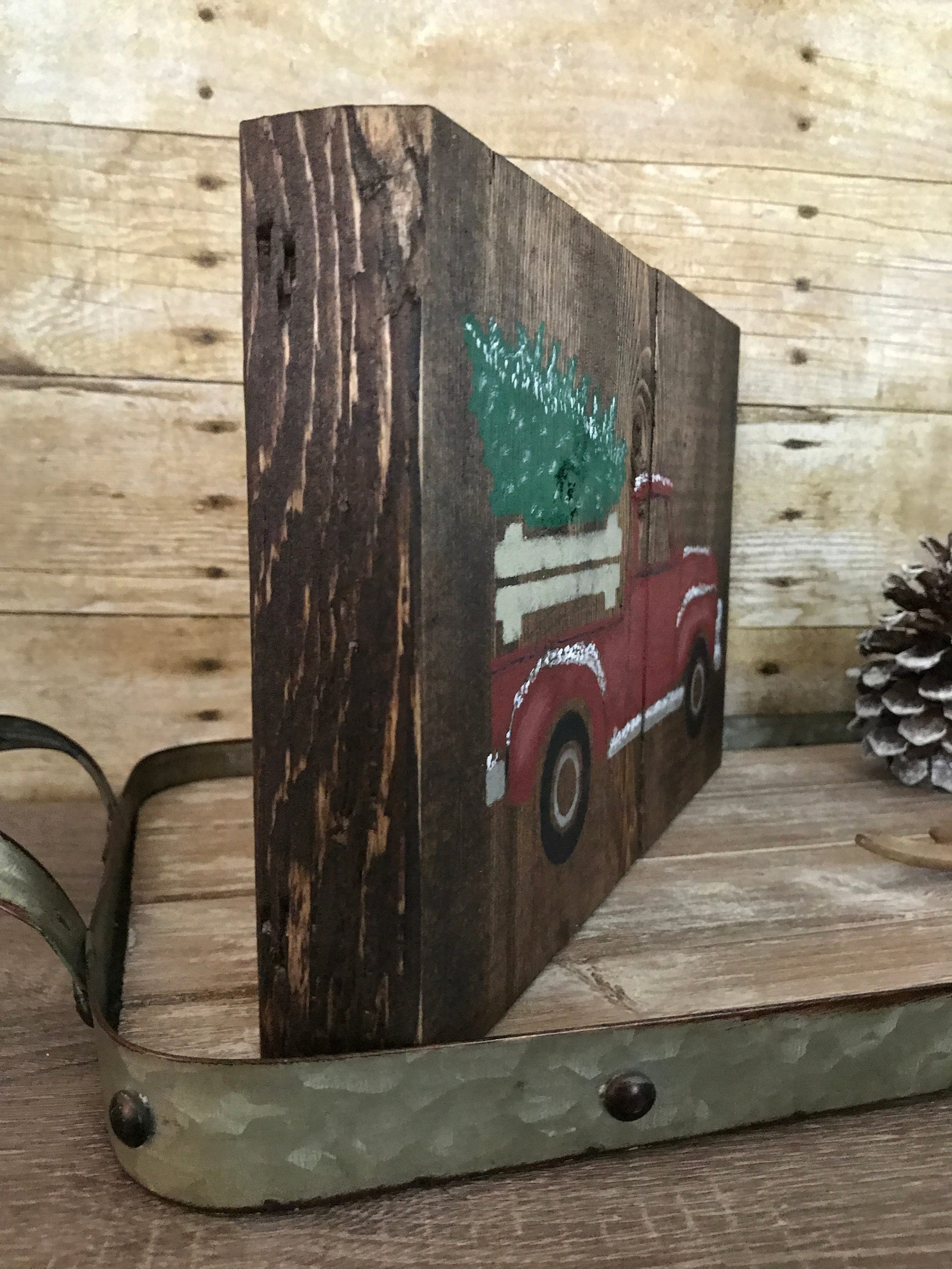 Christmas Sign Decoration Rustic Red Pickup Truck with Snowy | Etsy