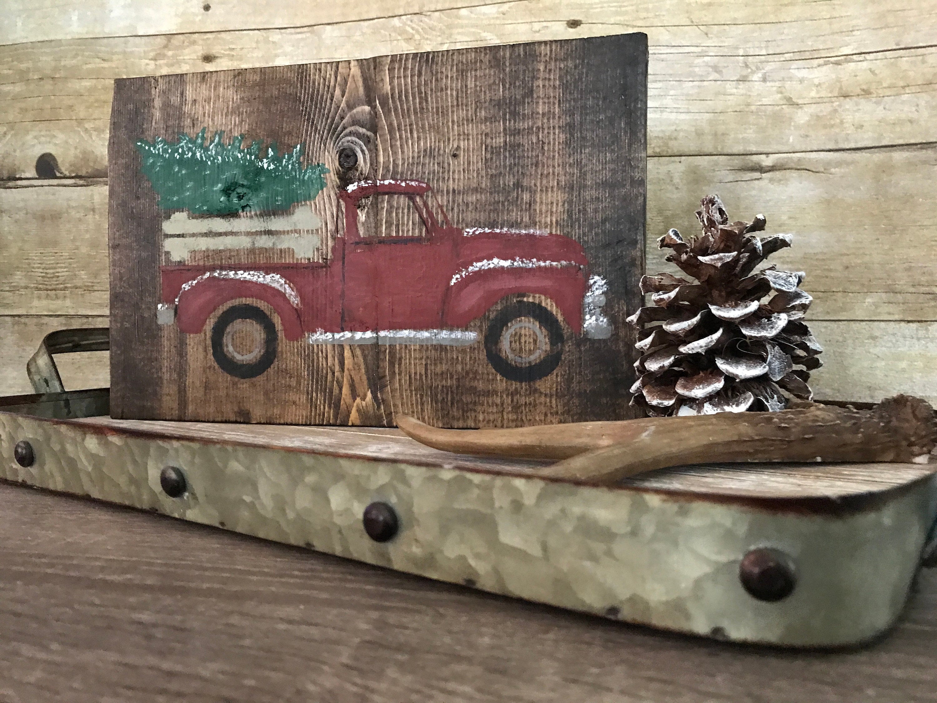 Christmas Sign Decoration Rustic Red Pickup Truck with Snowy | Etsy