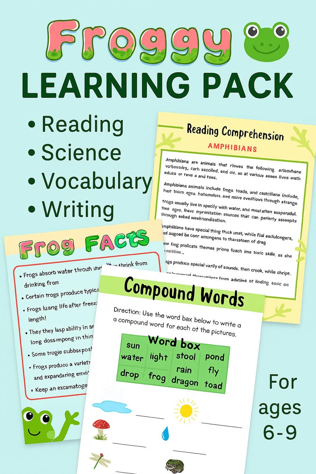 Frog Learning Bundle | Amphibian Reading Comprehension, Compound Words ...