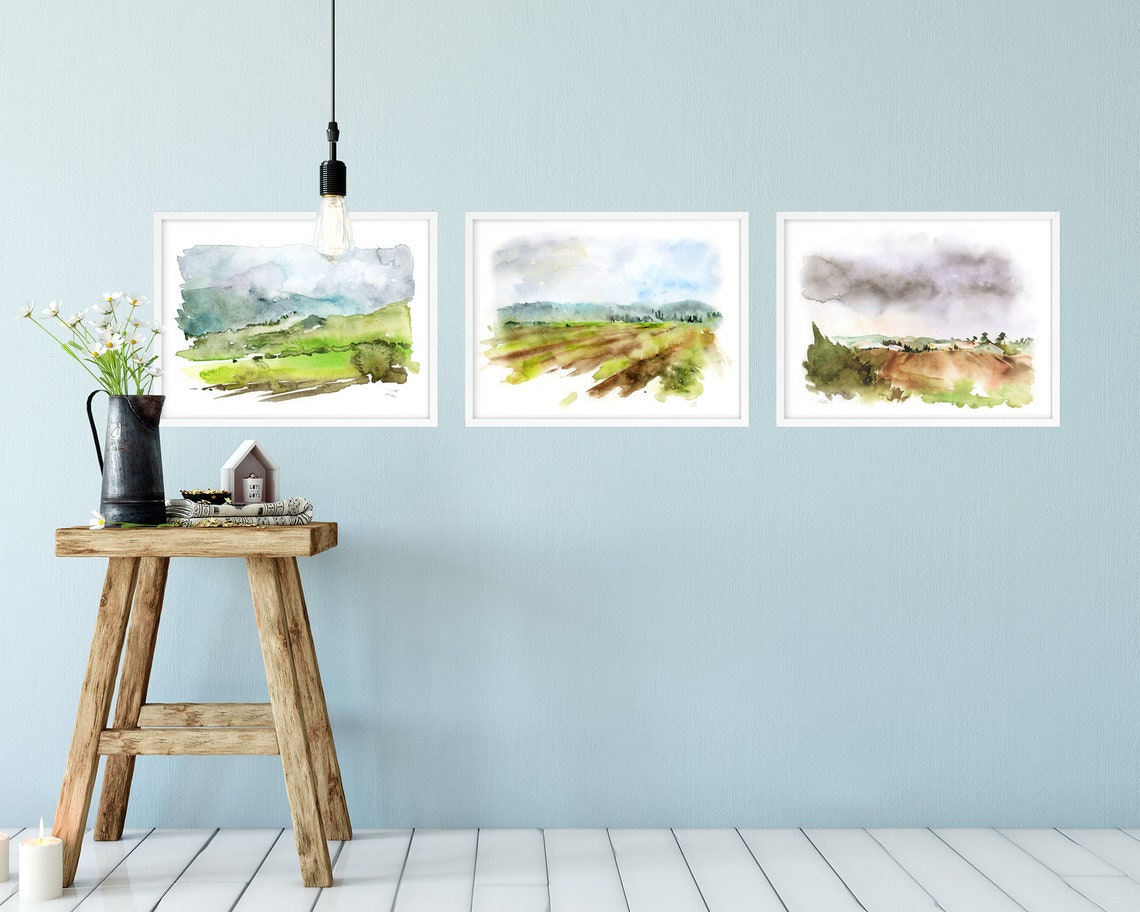 Landscape Print Set of 3 Piece, Green Landscape Paintings, Wall Gallery ...