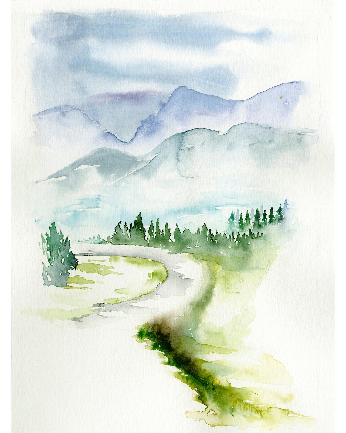 Blue and Green Art Prints Watercolor Landscape Prints Nature - Etsy
