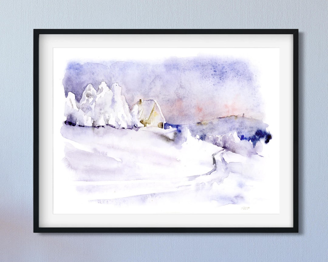 Winter Watercolor Wall Art, Cabin Wall Print, Winter Landscape ...