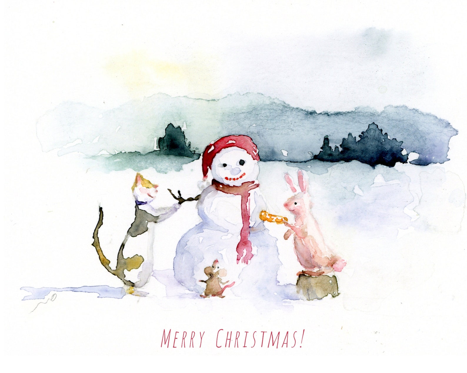 Watercolor Christmas Card Printable Greeting Card Illustrate - Etsy
