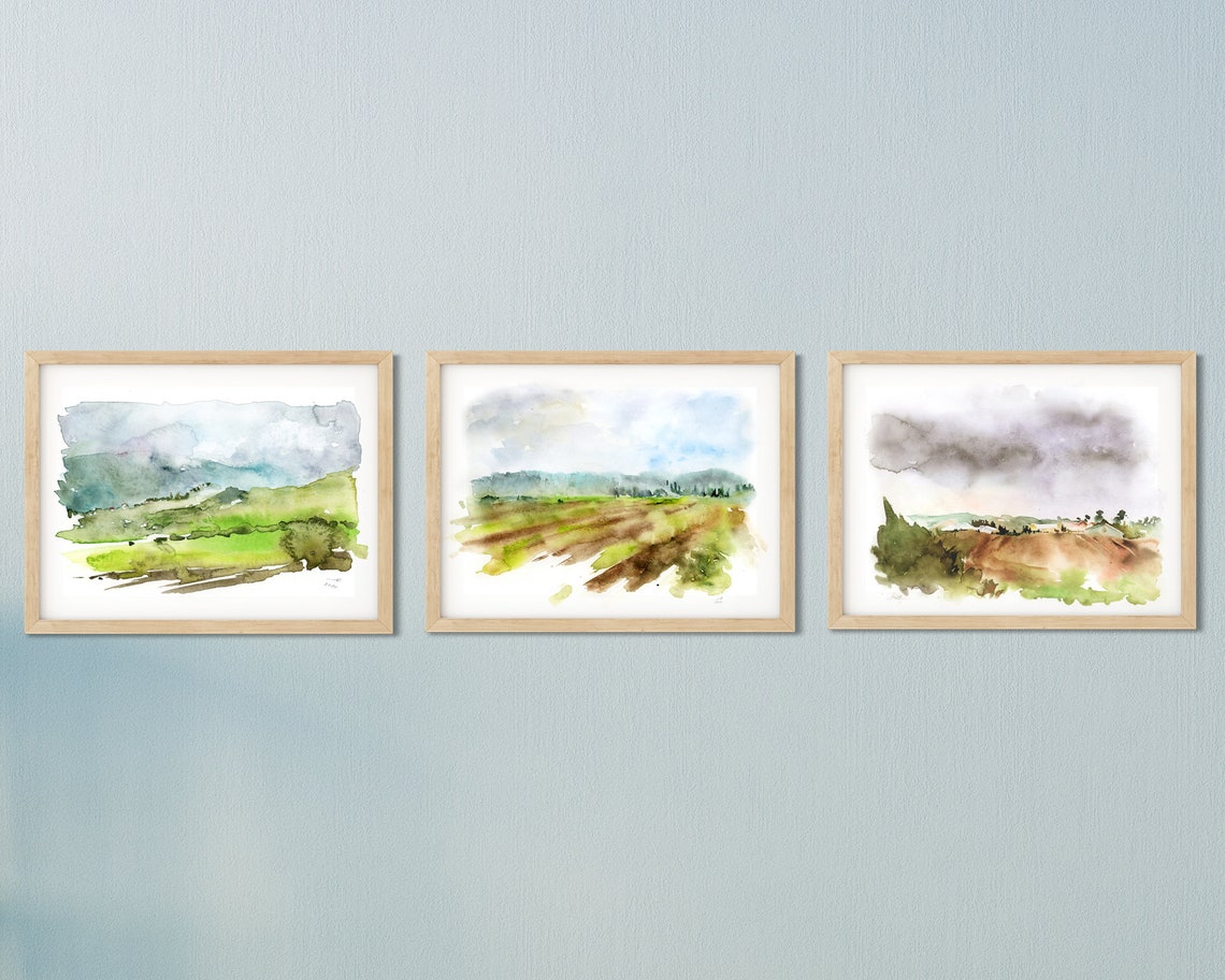 Landscape Print Set of 3 Piece Green Landscape Paintings | Etsy