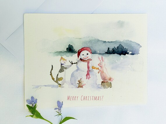 Watercolor Christmas Card Printable Greeting Card Illustrate | Etsy