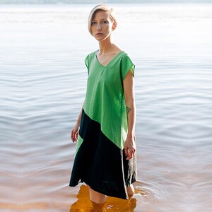 Linen Dress, Color Block Dress, Long Tunic, Black Linen Dress, Causal ...