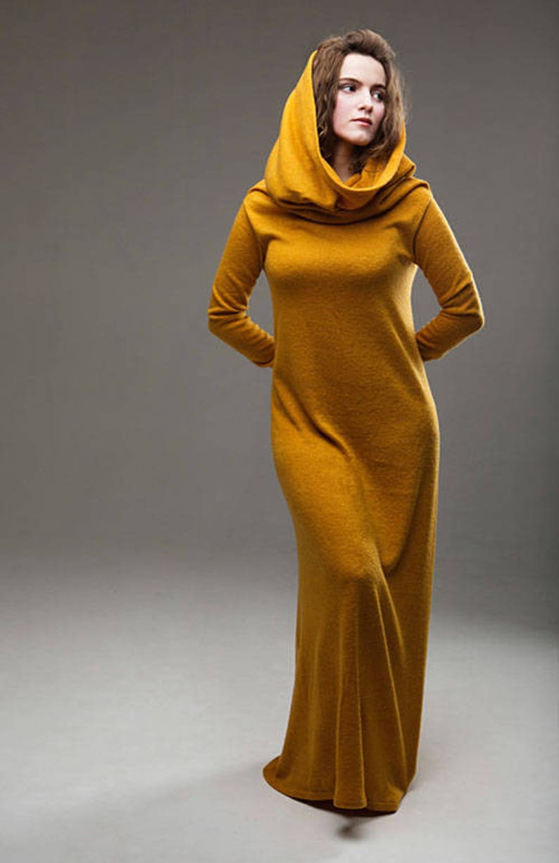 Warm Maxi Dress With Hood Yellow Winter Dress Warm Hooded - Etsy