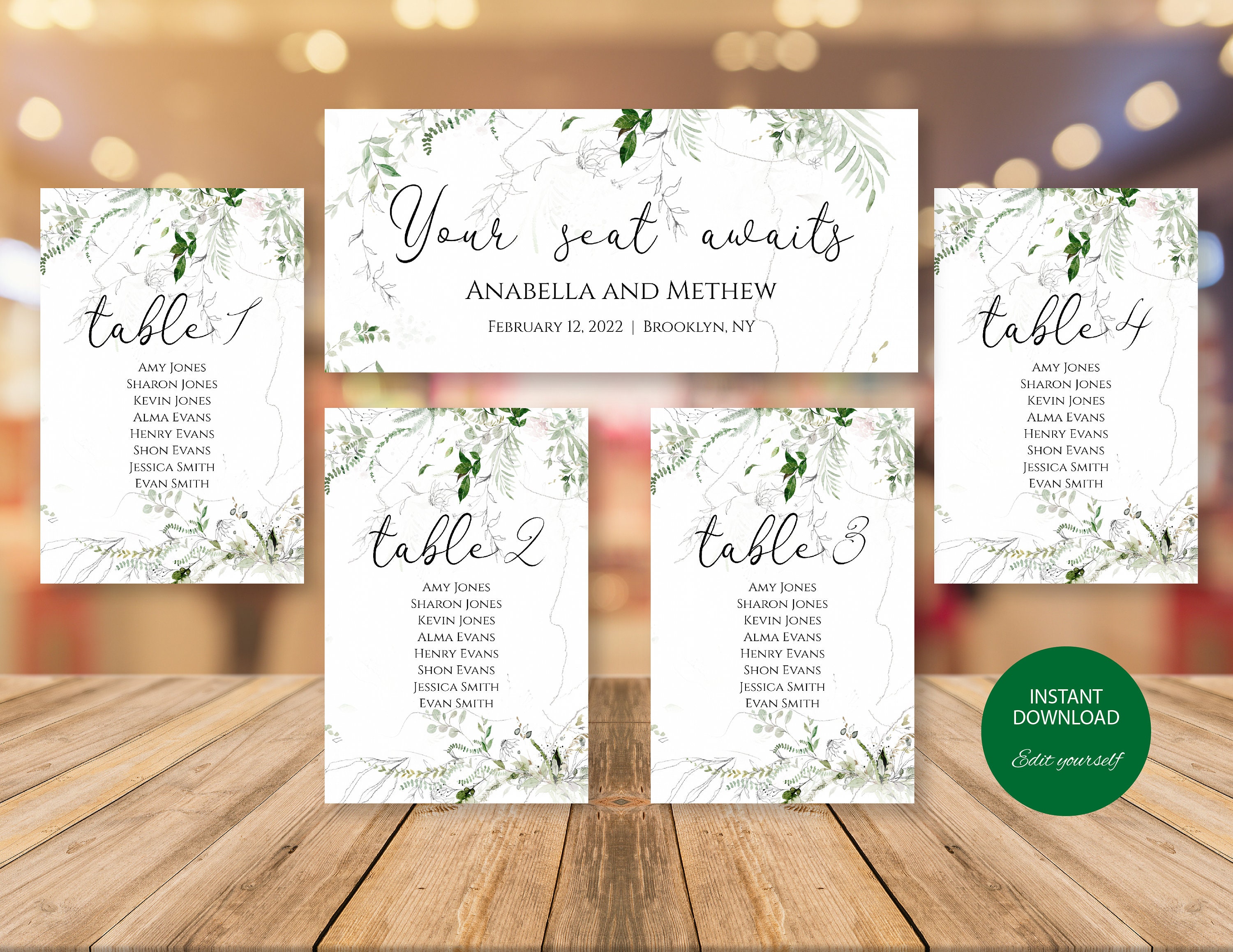 Greenery Seating Chart Template, Editable Seating Cards, Seating Chart ...
