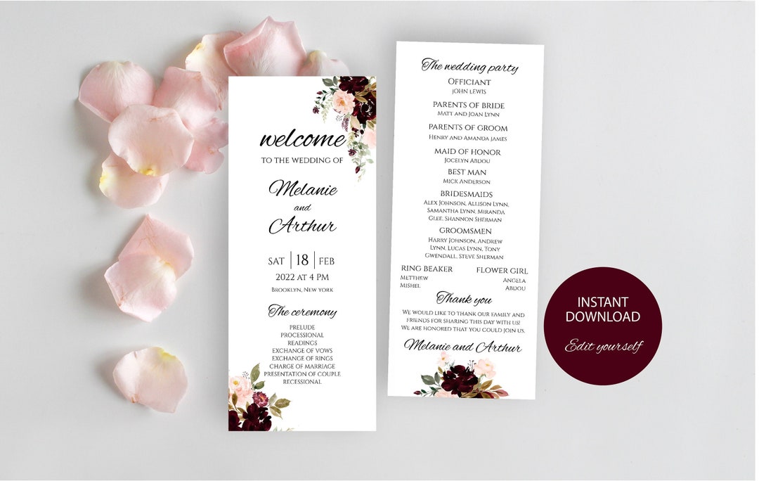 Editable Wedding Program Template, Fully Editable Printable Ceremony ...