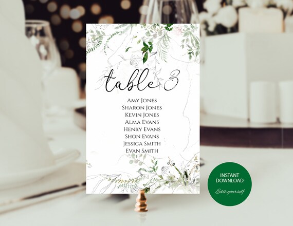 Greenery Seating Chart Template Editable Seating Cards - Etsy