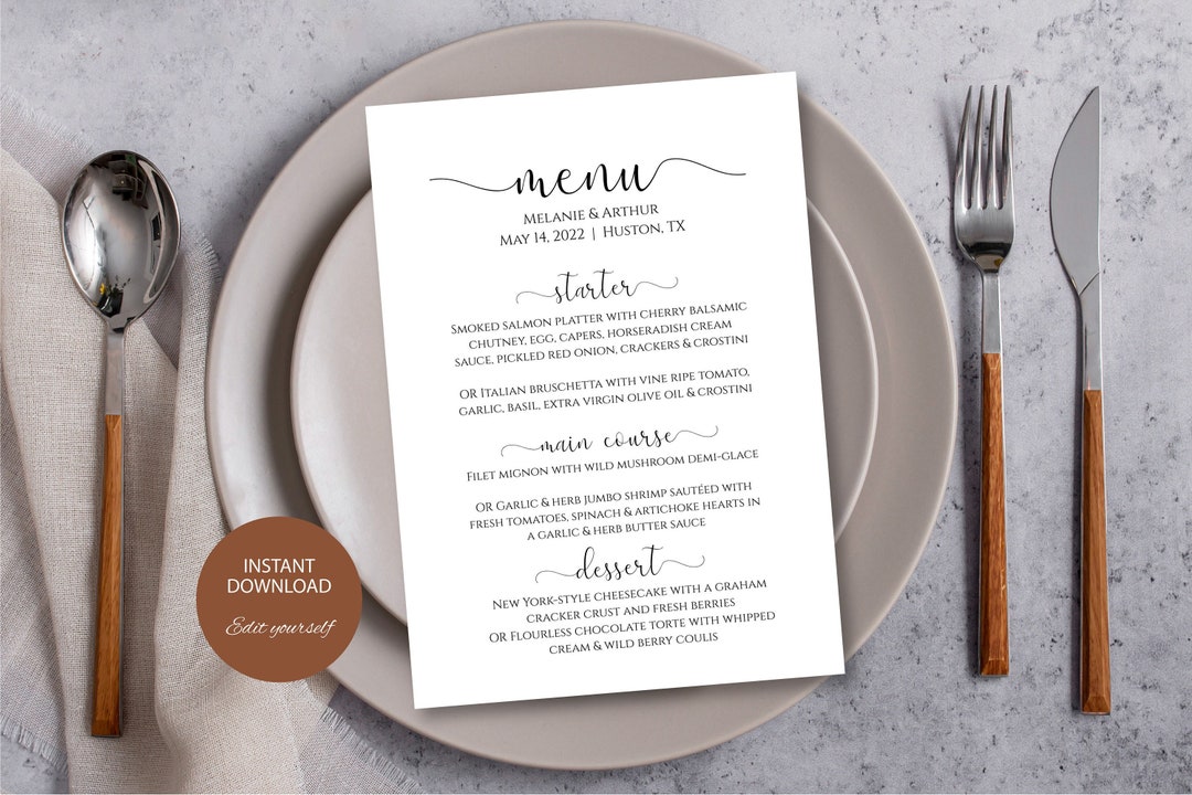 Printable Dinner Menu, Simple Menu Template, Black and White Dinner ...