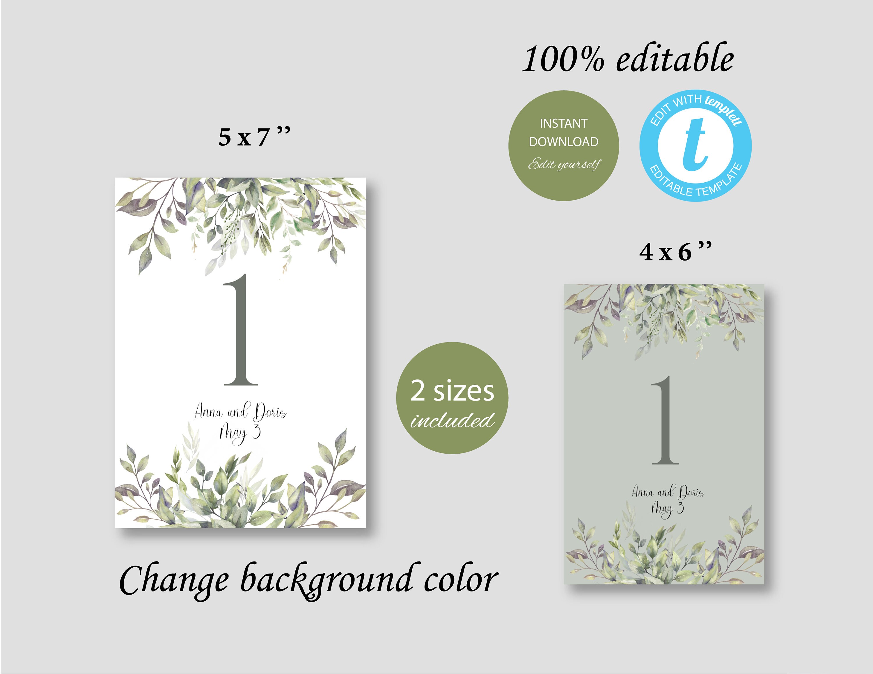 Greenery Table Number Template, Instant Download, Fully Editable ...