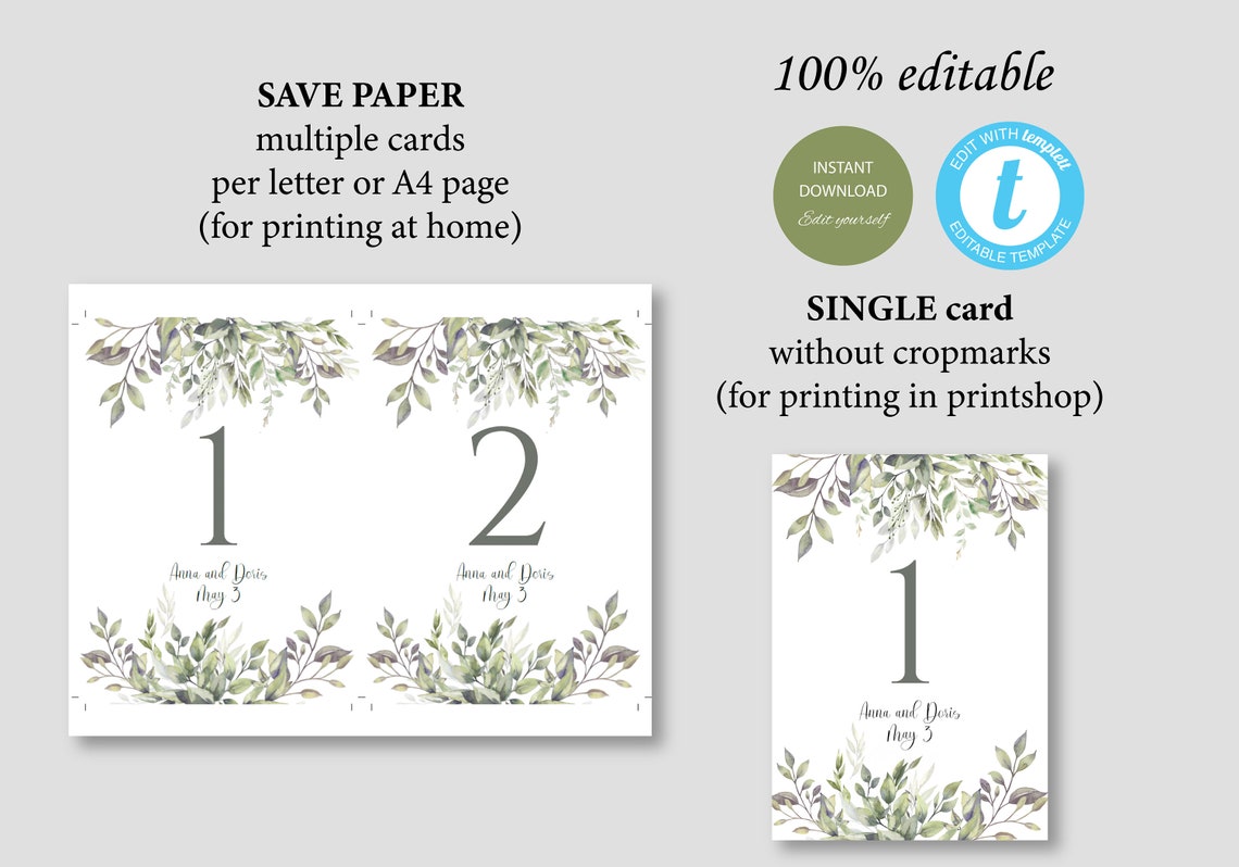 Greenery Table Number Template, Instant Download, Fully Editable ...