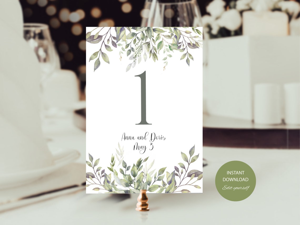 Greenery Table Number Template, Instant Download, Fully Editable ...