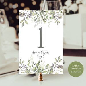 Greenery Table Number Template, Instant Download, Fully Editable Greenery Wedding Table Numbers ...