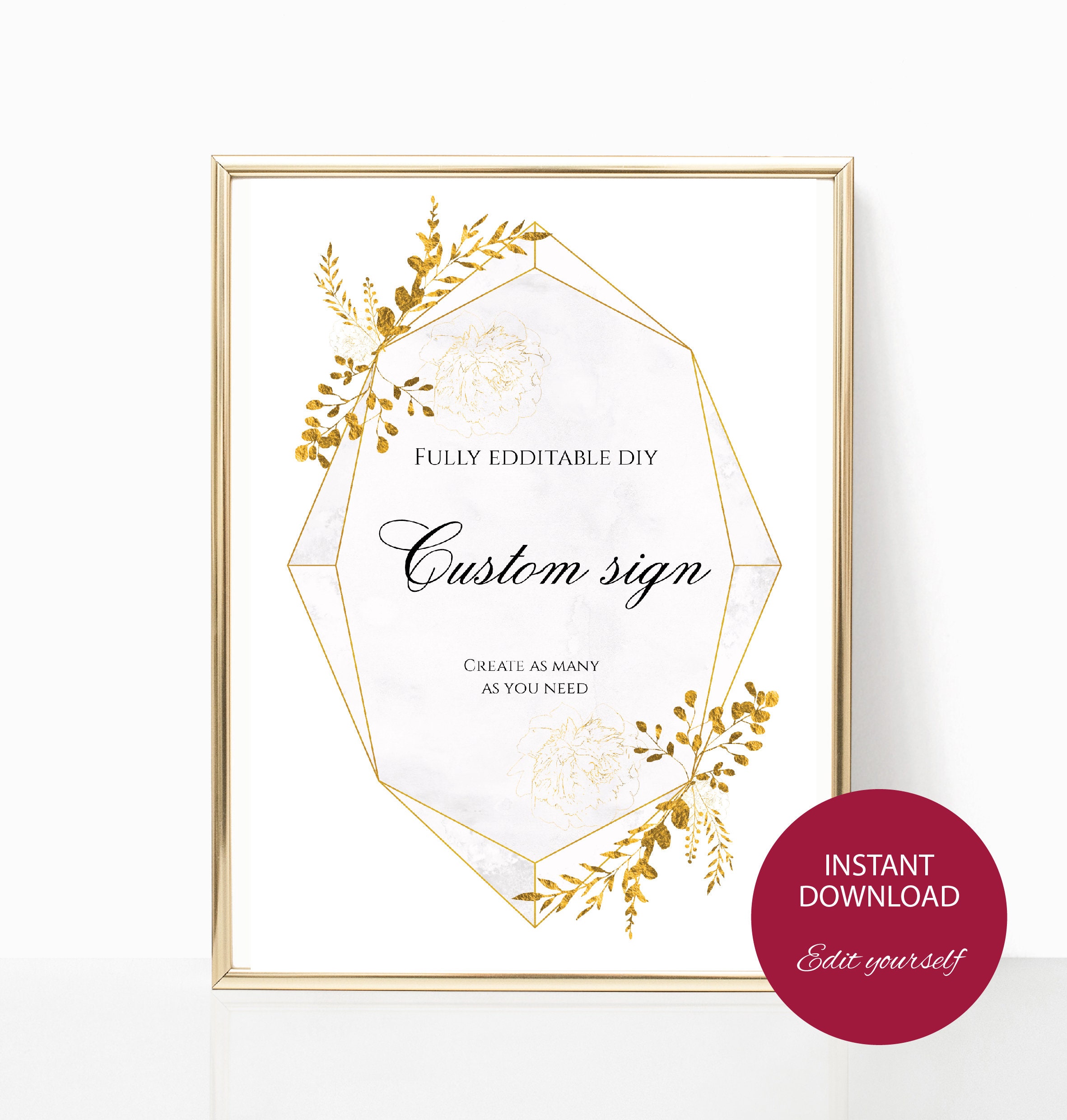 Golden Frame Wedding Sign Template, Instant Download, Self-editable ...