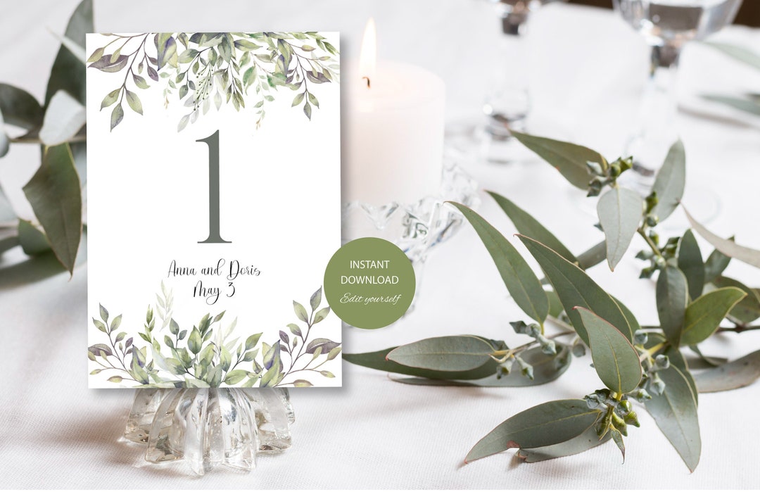 Greenery Table Number Template, Instant Download, Fully Editable ...